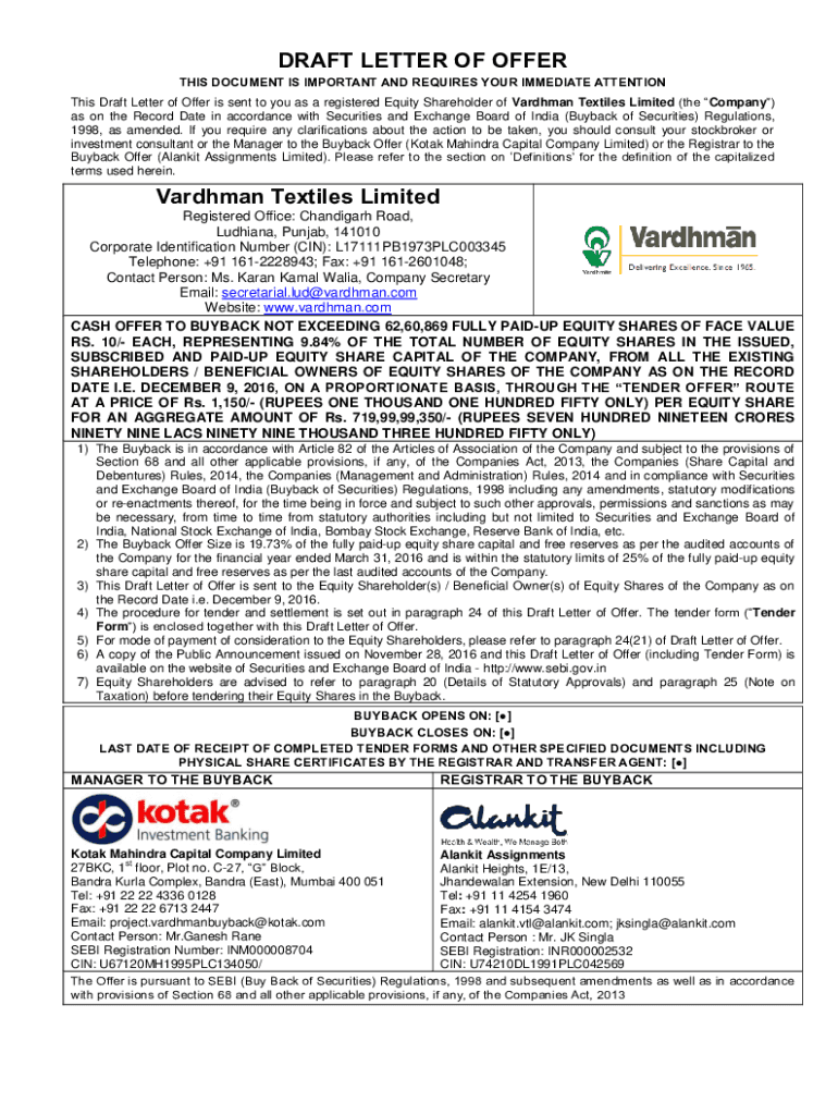 Fillable Online Draft Letter of Offer THIS DOCUMENT IS IMPORTANT AND ...