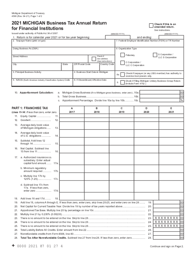 Fillable Online 4590, Michigan Business Tax Annual Return for Financial ...