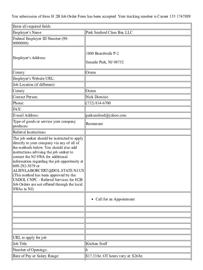 Fillable Online Fillable Online You submission of form H-2B Job Order ...