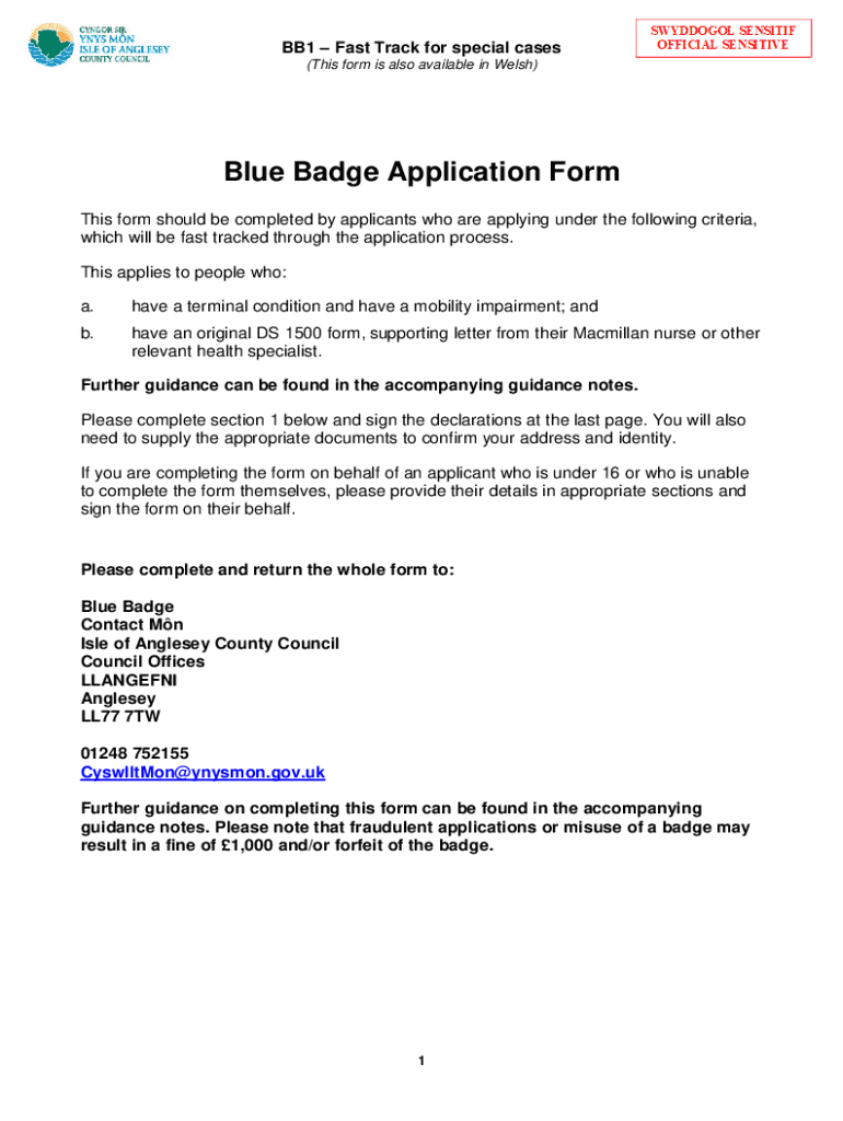 Fillable Online www.conwy.gov.ukenResidentBB1-Blue-Badge-application ...