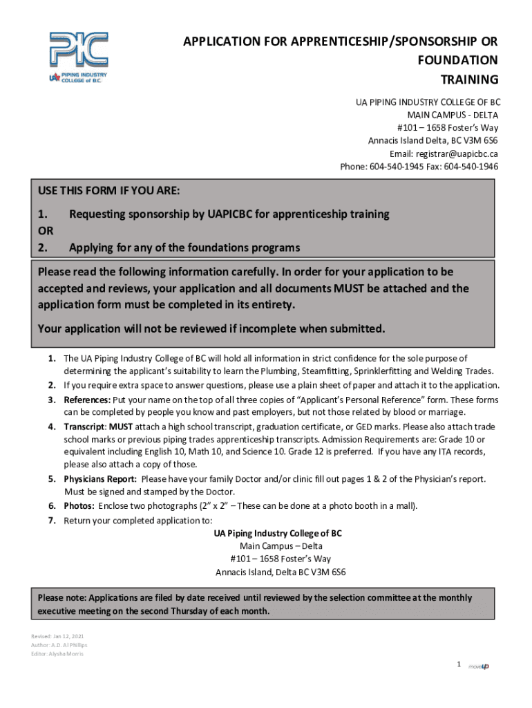 Fillable Online APPLICATION FOR APPRENTICESHIP/SPONSORSHIP OR ... Fax ...
