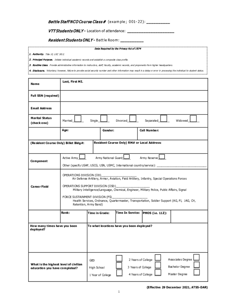Fillable Online Battle Staff NCO Course Class # template - usasma ...