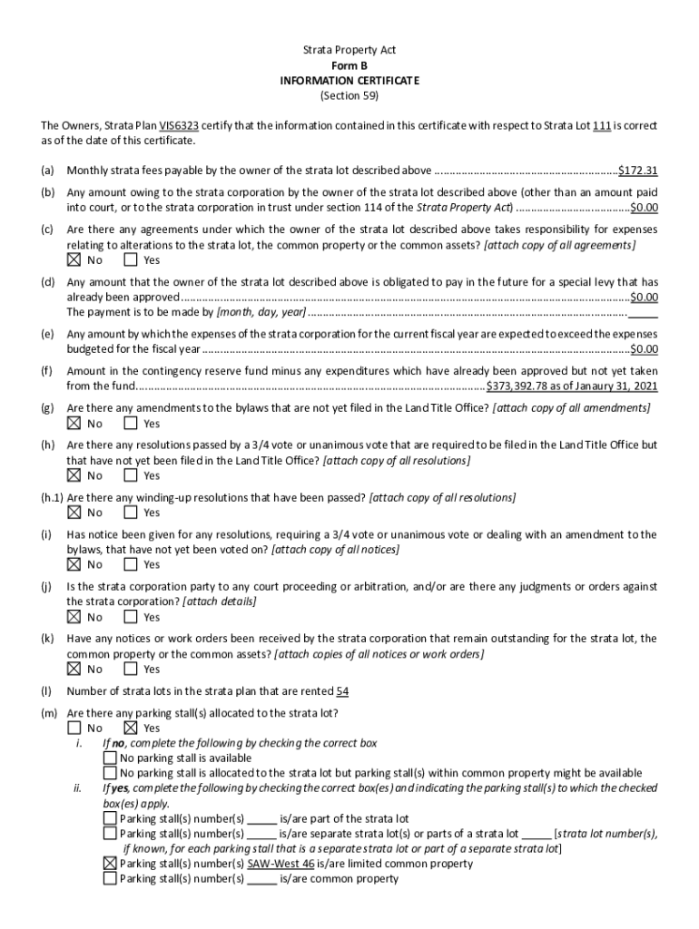 Fillable Online Strata Property Act Form B INFORMATION CERTIFICATE Fax ...