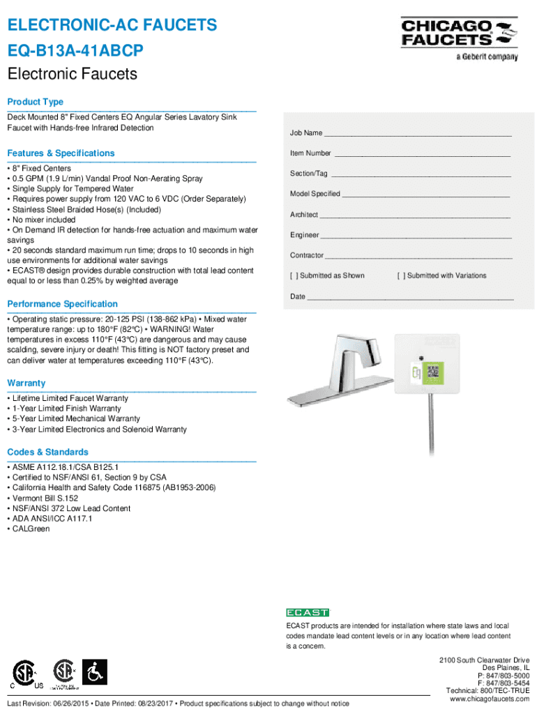 Fillable Online www.prodryers.com EQ-B13A-41ABCPELECTRONIC-AC FAUCETS ...