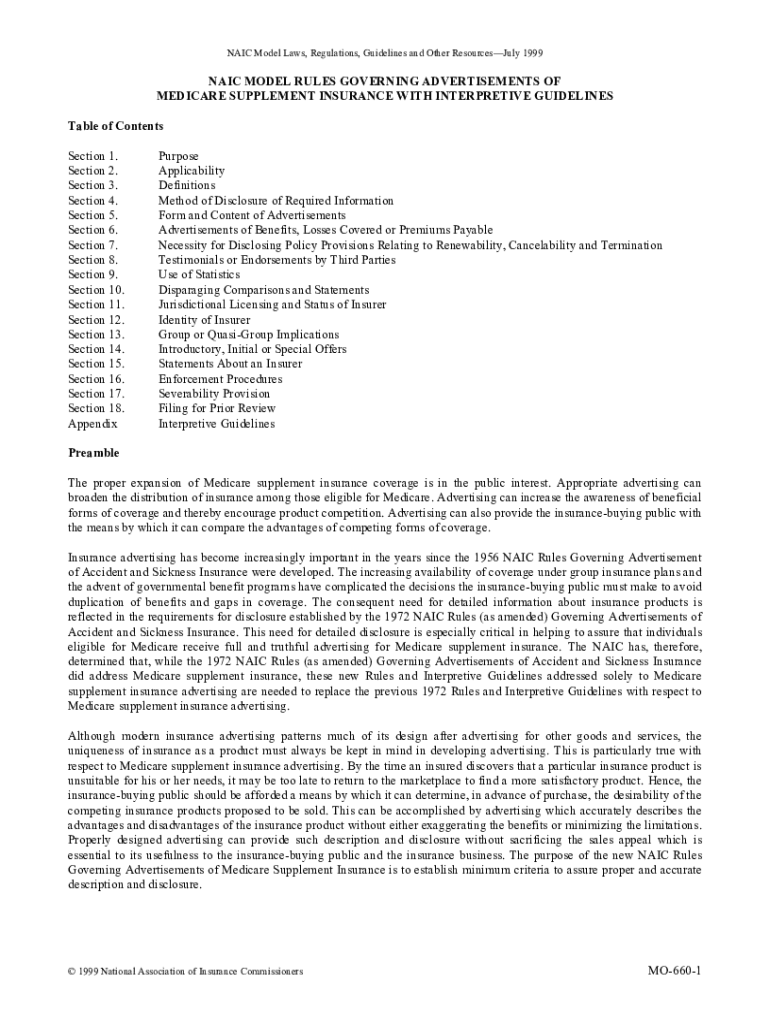 Fillable Online NAIC MODEL RULES GOVERNING ADVERTISEMENTS OF MEDICARE ...