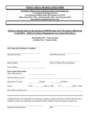 Fillable Online POOL CABANA USAGE AGREEMENT & RESERVATION FORM Fax ...