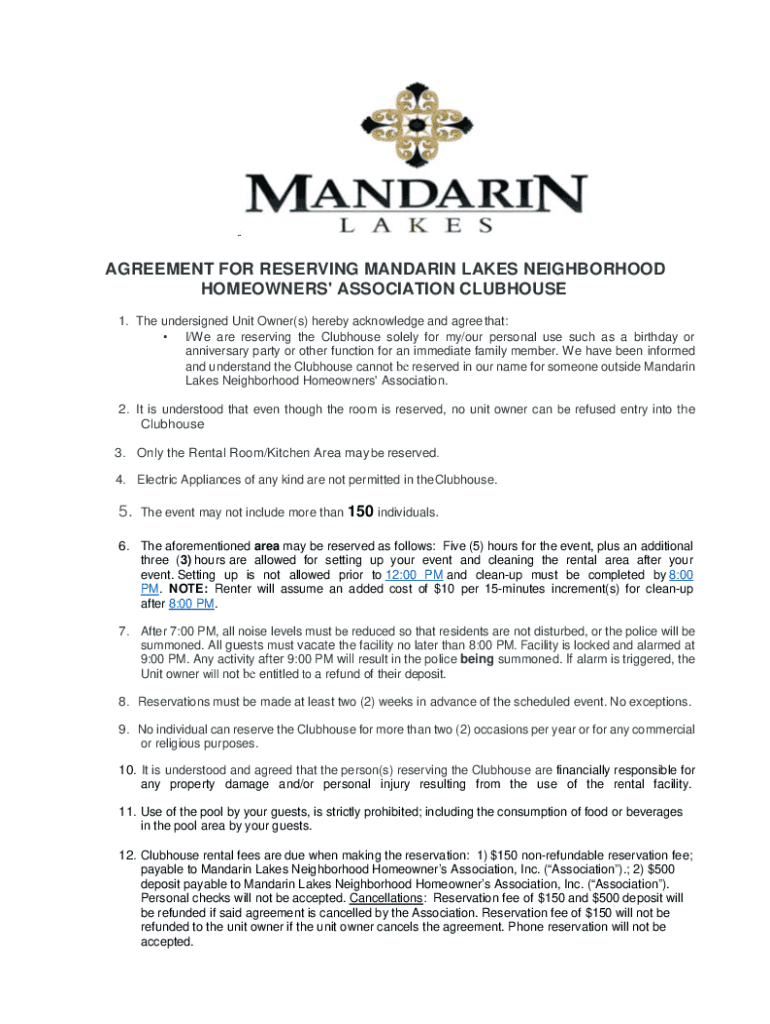 Fillable Online Fillable Online AGREEMENT FOR RESERVING MANDARIN LAKES ...