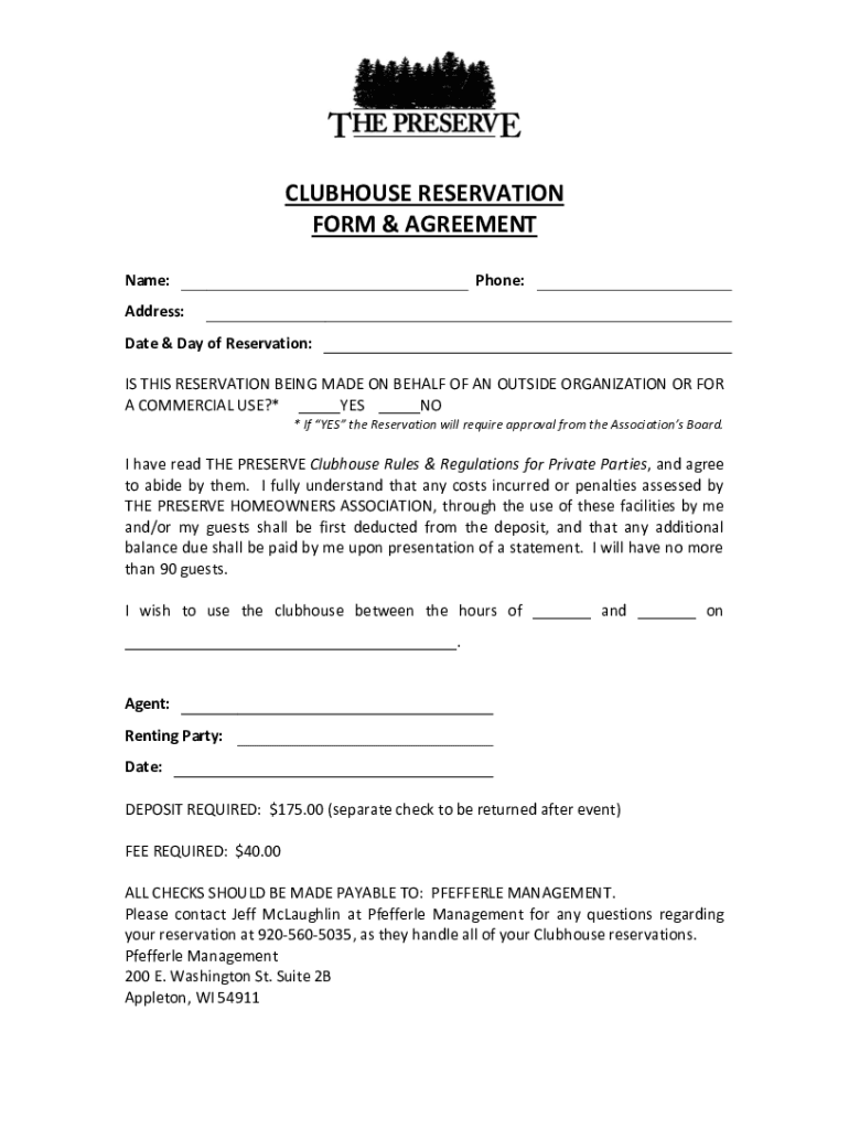 Fillable Online Clubhouse Reservation FormWheatlands Metropolitan ...