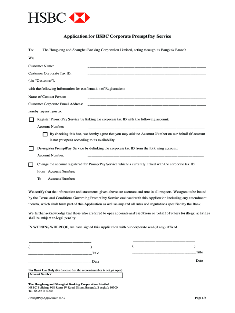 Fillable Online Application for HSBC Corporate PromptPayHSBC Thailand ...