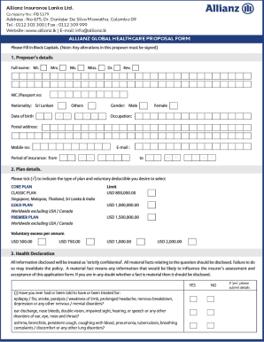 Fillable Online New - Allianz Global Health proposal form (All Plans ...