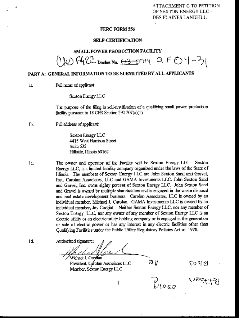 Fillable Online FERC FORM 556 SELF-CERTIFICATION - icc.illinois.gov Fax ...
