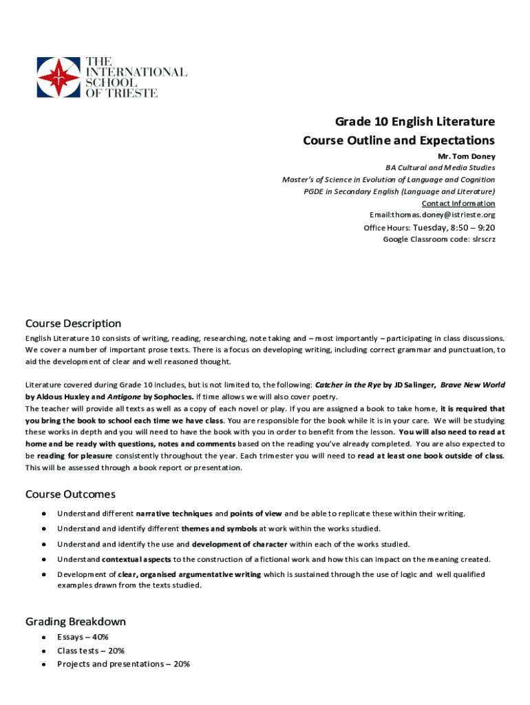 Fillable Online Grade 10 English Literature Course Outline and ...