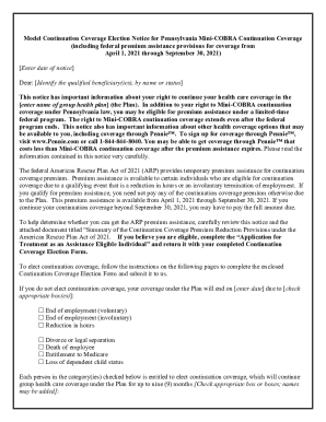 Fillable Online Model Continuation Coverage Notice to Policyholder Fax ...