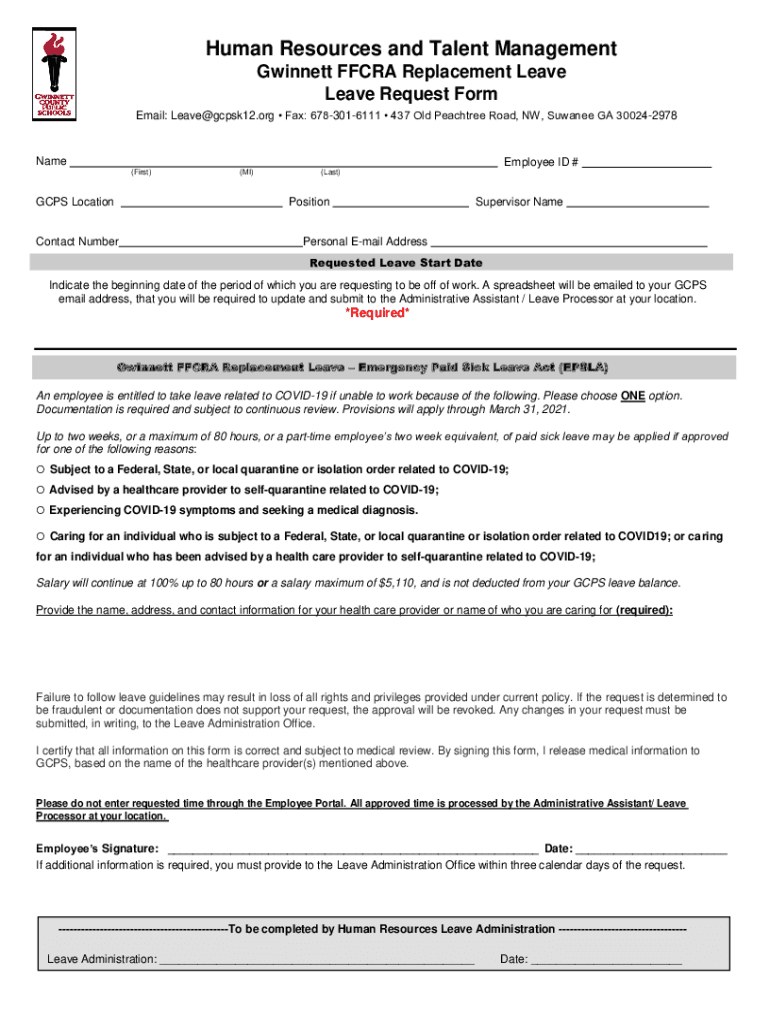 Fillable Online Fillable Online Employee Leave Request Form - FFCRA Fax ...