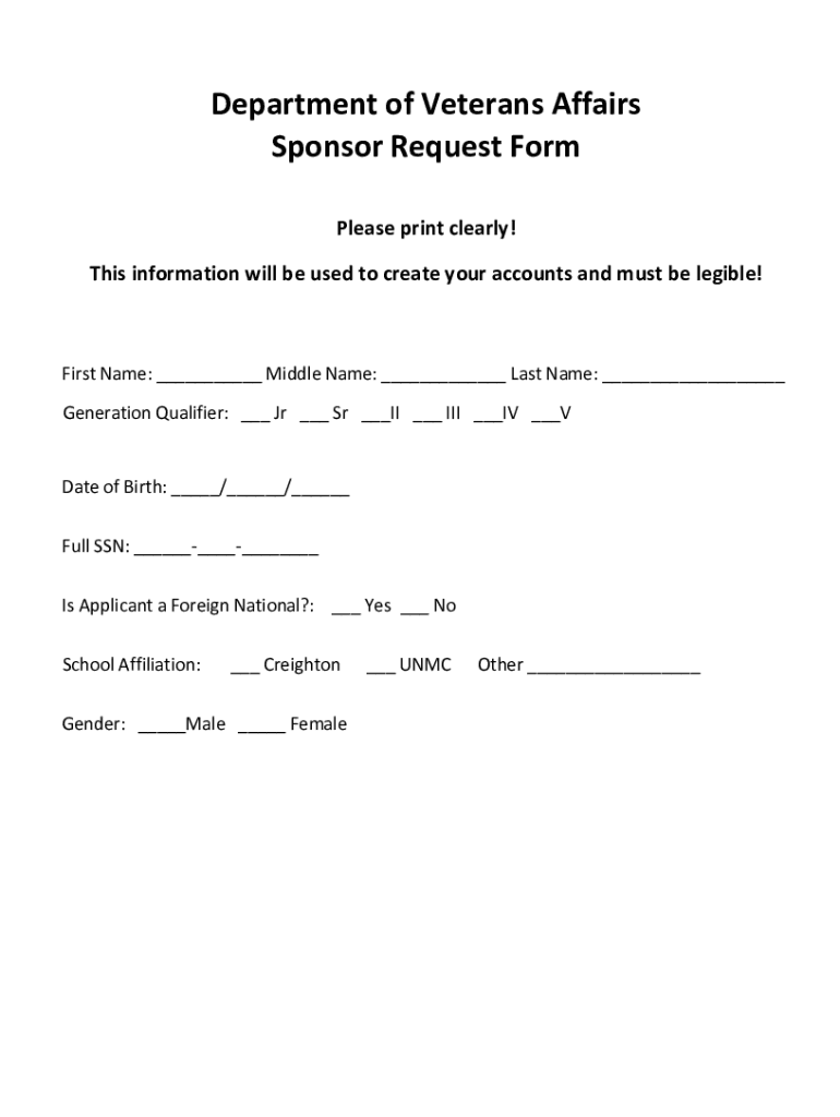 Fillable Online Department of Veterans Affairs Sponsor Request Form Fax ...