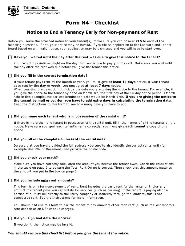 Fillable Online N4.pdf - Form N4 Checklist Notice to End a Tenancy ...