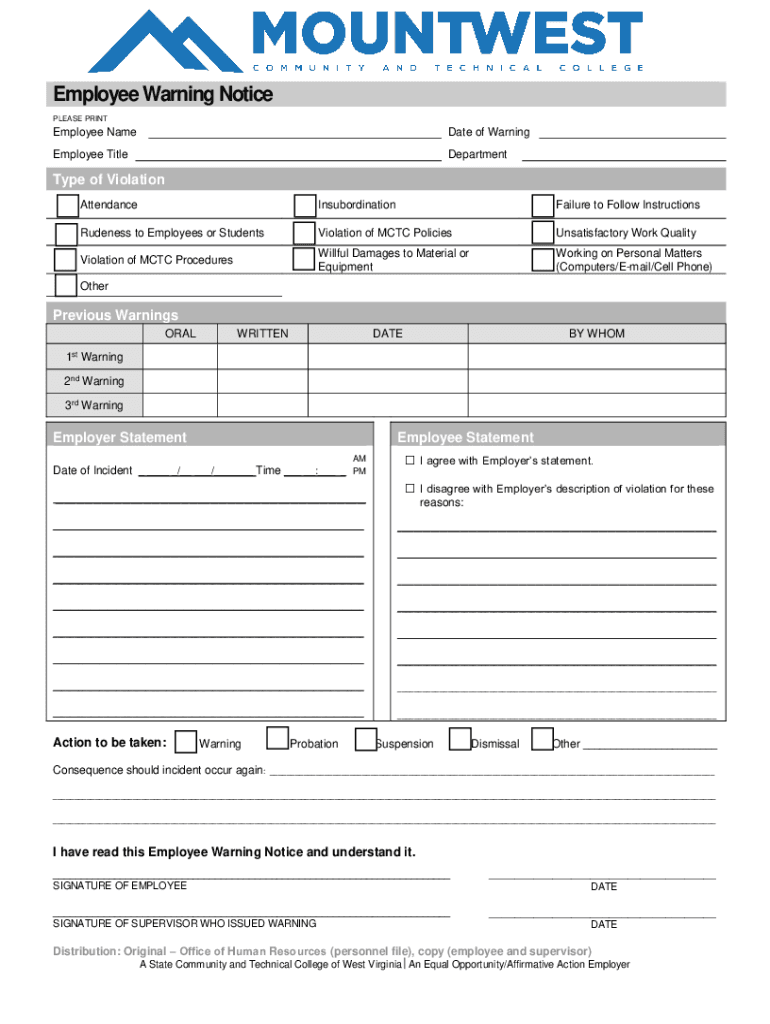 Fillable Online www.mctc.edu wp-content uploadsEmployee Warning Notice ...