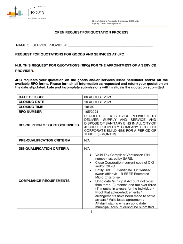 Fillable Online jhbproperty co REQUEST FOR QUOTATION - Joburg Property Company Fax Email Print ...