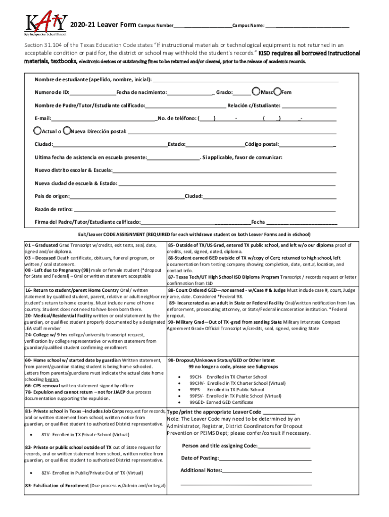 Fillable Online 2020-21 Leaver Form Campus Number Campus Name: Fax Email Print - pdfFiller