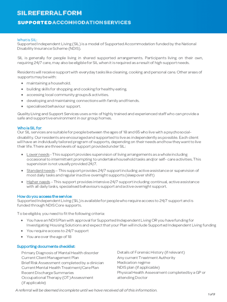 Fillable Online SUPPORTED INDEPENDENT LIVING (SIL) REFERRAL FORM Fax ...