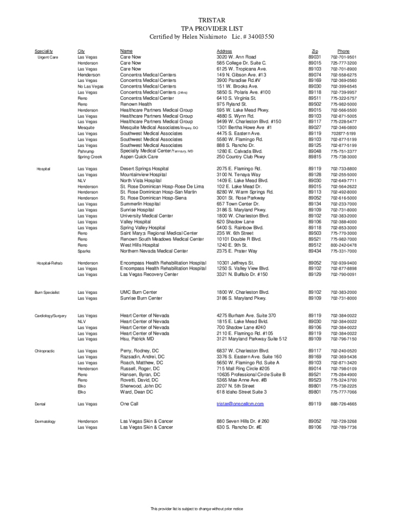 Fillable Online TRISTAR TPA PROVIDER LIST Certified by Helen Nishimoto ...