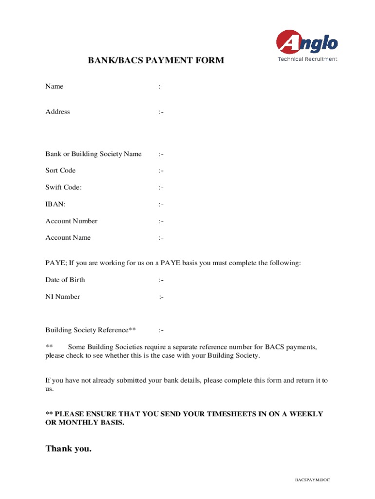Fillable Online BACS Payment Form Fax Email Print - pdfFiller