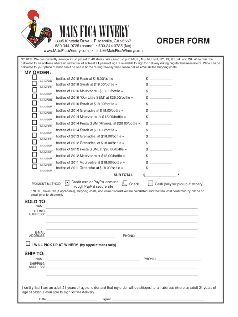 Fillable Online Mais Fica Winery Order Form - Mais Fica Vineyard and ...
