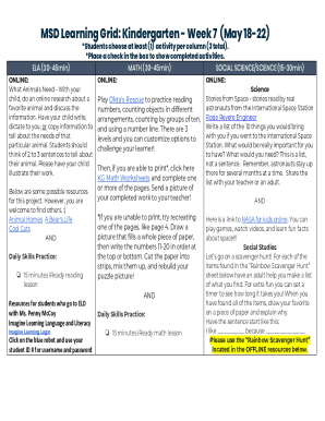 Fillable Online MSD Learning Grid: Kindergarten - Week 7 (May 18-22 ...