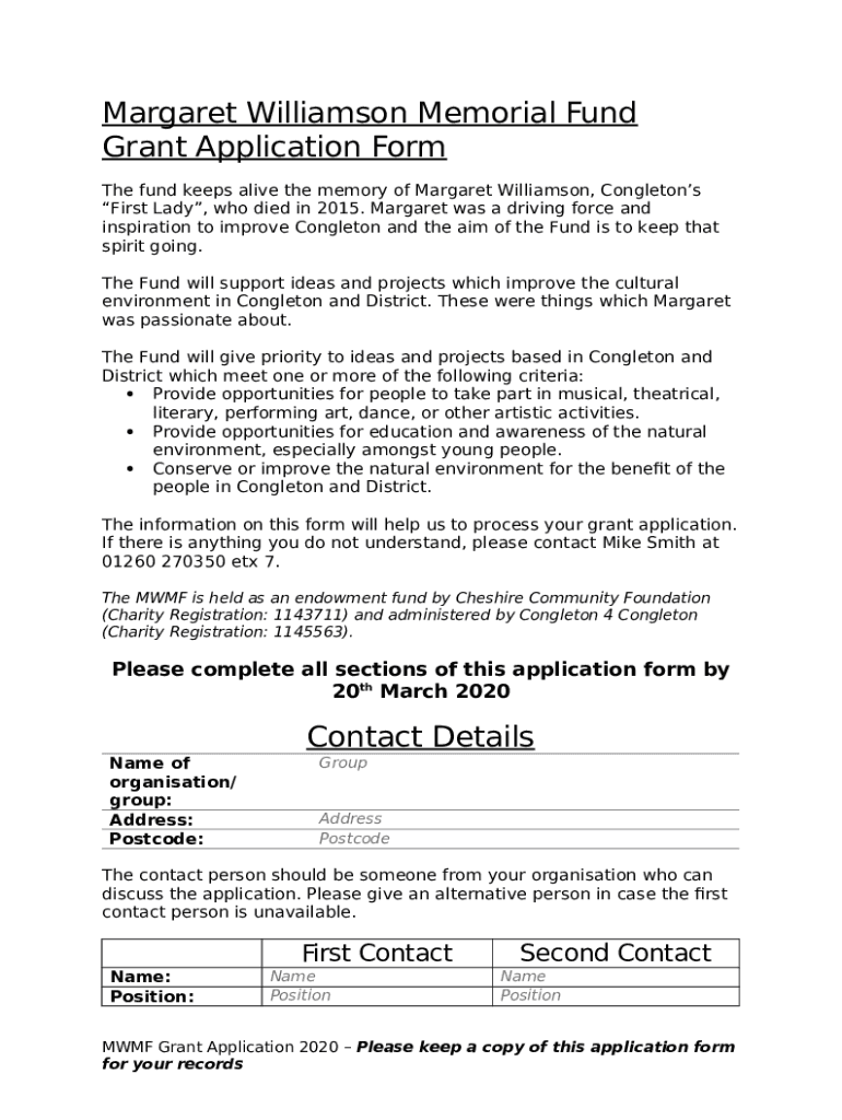 Margaret Williamson Memorial Fund Grant Application Doc Template ...