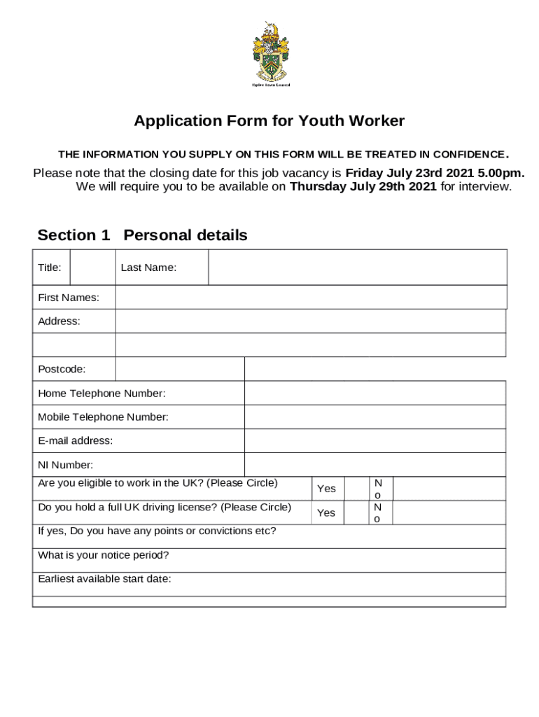 Application for Youth Worker - Ripley Town Council Doc Template | pdfFiller