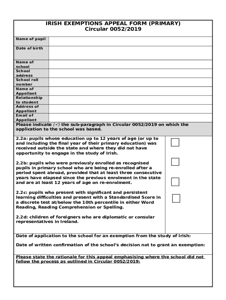 IRISH EXEMPTIONS APPEAL (PRIMARY) Circular ... Doc Template | pdfFiller