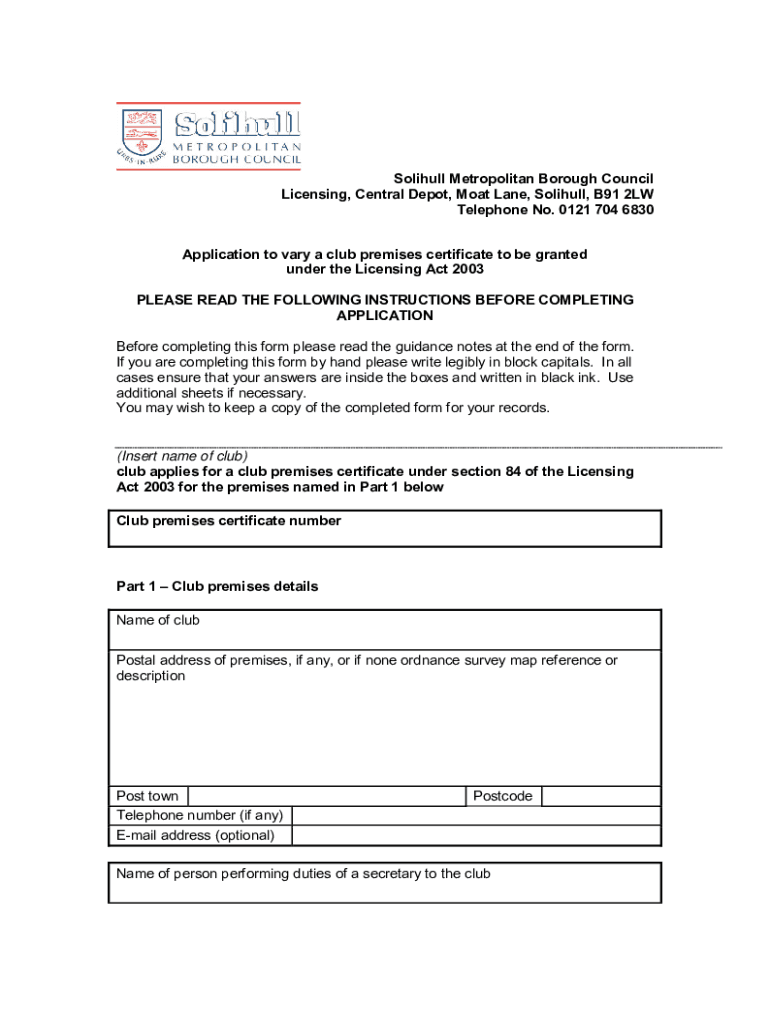 Fillable Online Application to Vary a Club Premises Certificate - Solihull Council Fax Email ...