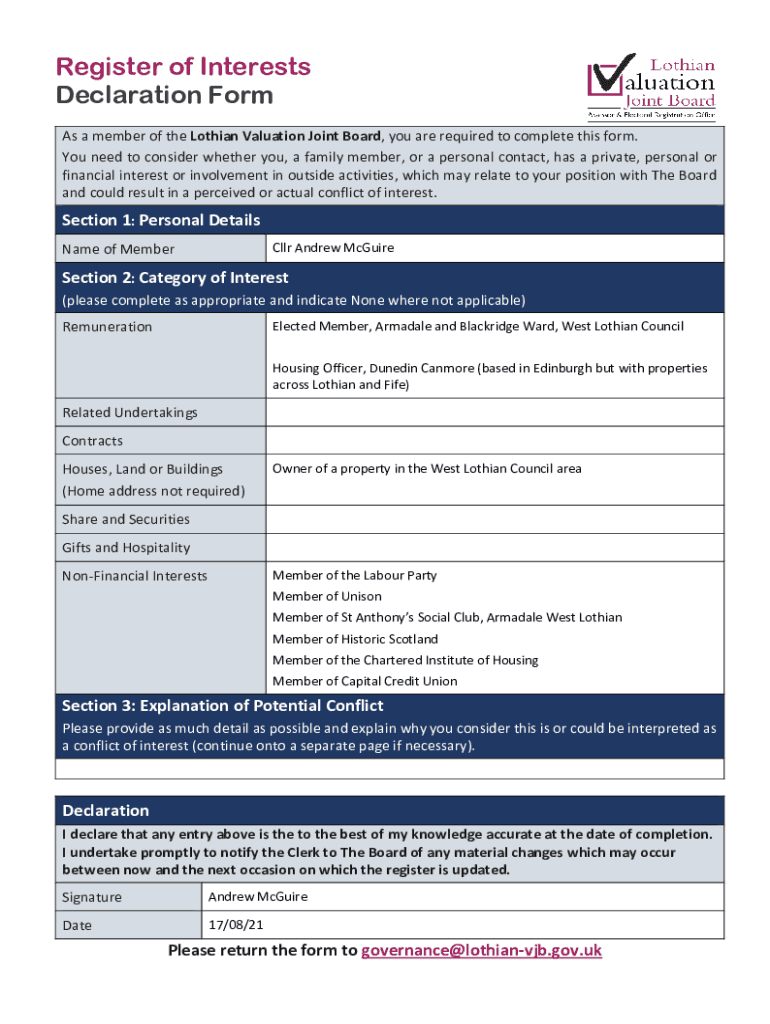 Fillable Online Register of Interest Form 2021-22 - Andrew McGuire ...