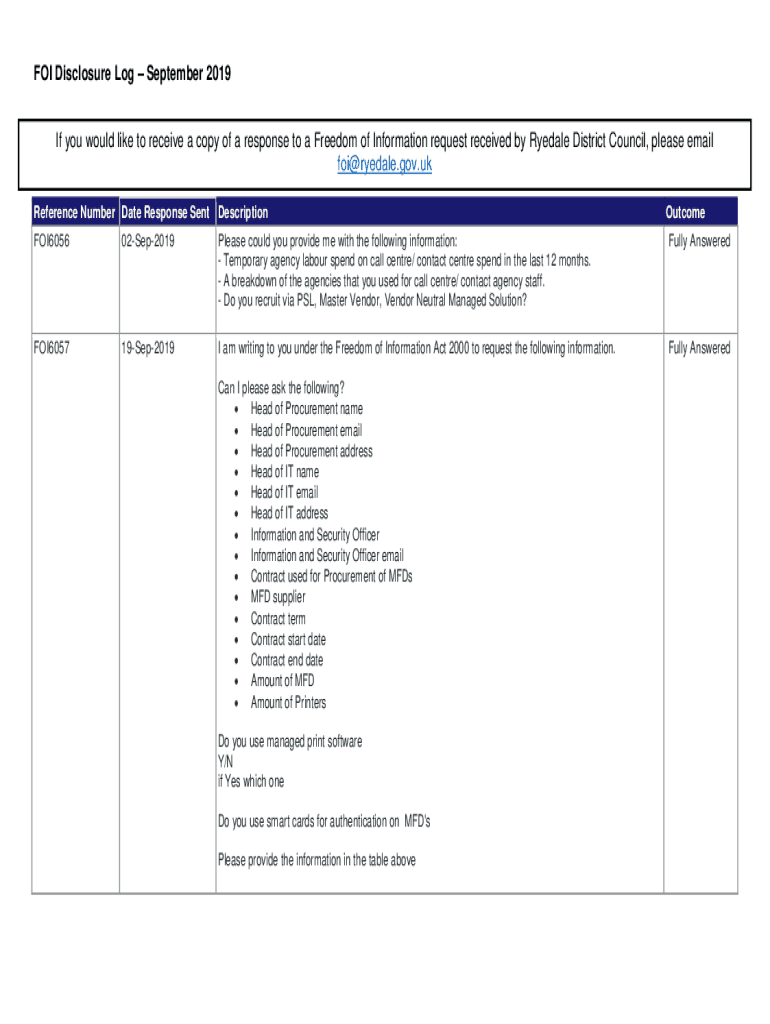 Fillable Online FOI Disclosure LogDepartment of Finance Fax Email Print ...