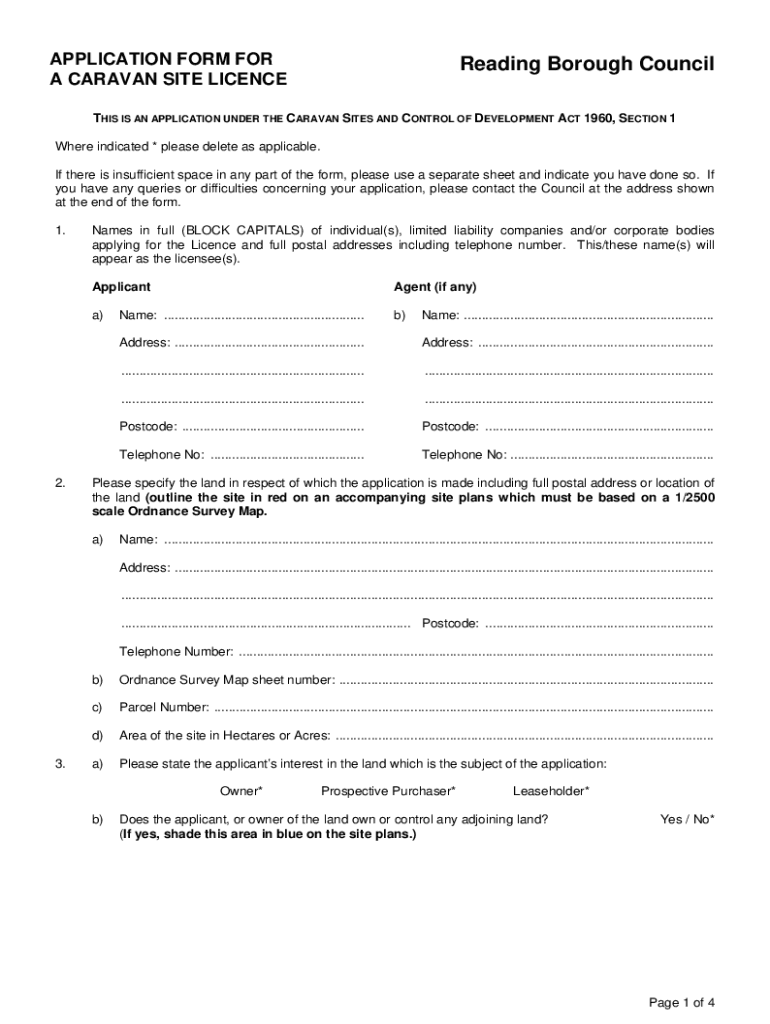 Fillable Online Caravan Site Licence Application Form - Reading Borough ...