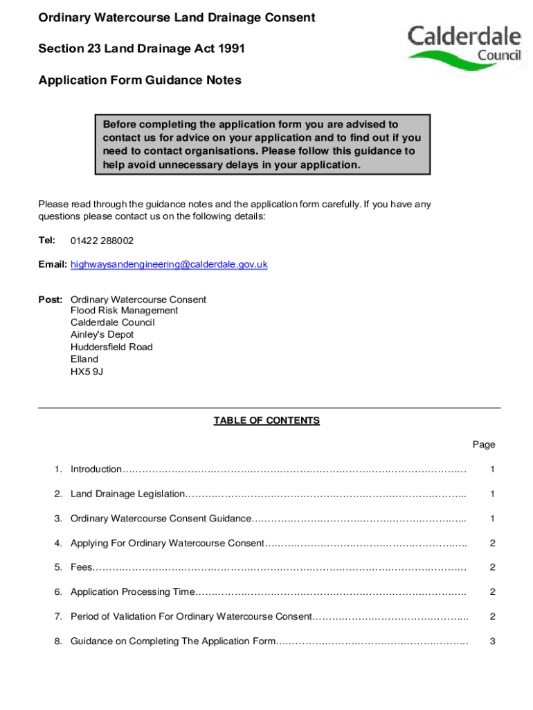 Fillable Online Ordinary Watercourse Land Drainage Consent ...
