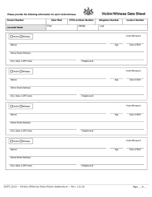 Fillable Online Form AOPC J232 "Victim/Witness Data Sheet ...