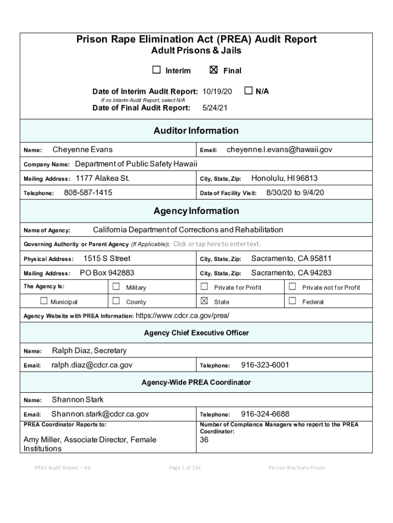 Fillable Online Prison Rape Elimination Act (PREA) Audit Report ...