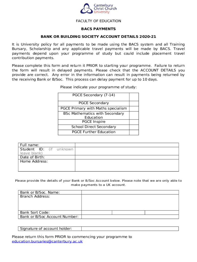 STUDENT BANK DETAILS (for BACS payments) Doc Template | pdfFiller