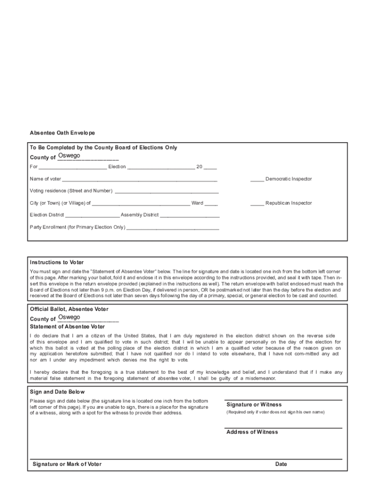 Fillable Online Absentee Oath Envelope. Form Fax Email Print - pdfFiller