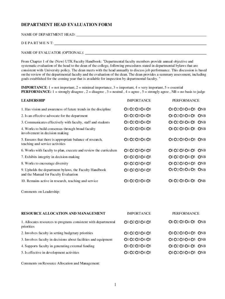 Fillable Online artsci utk DEPARTMENT HEAD EVALUATION FORM Fax Email ...