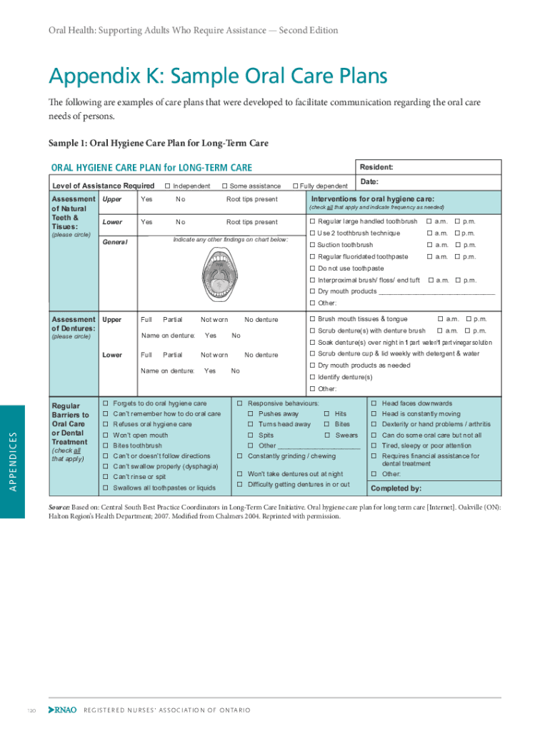 Fillable Online ltctoolkit rnao Appendix J: Sample Oral Health ...