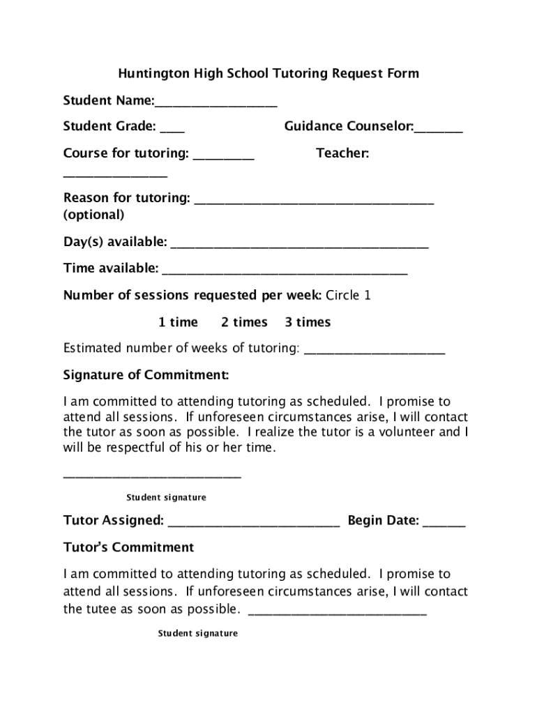 Fillable Online Huntington High School Tutoring Request Form Fax Email ...