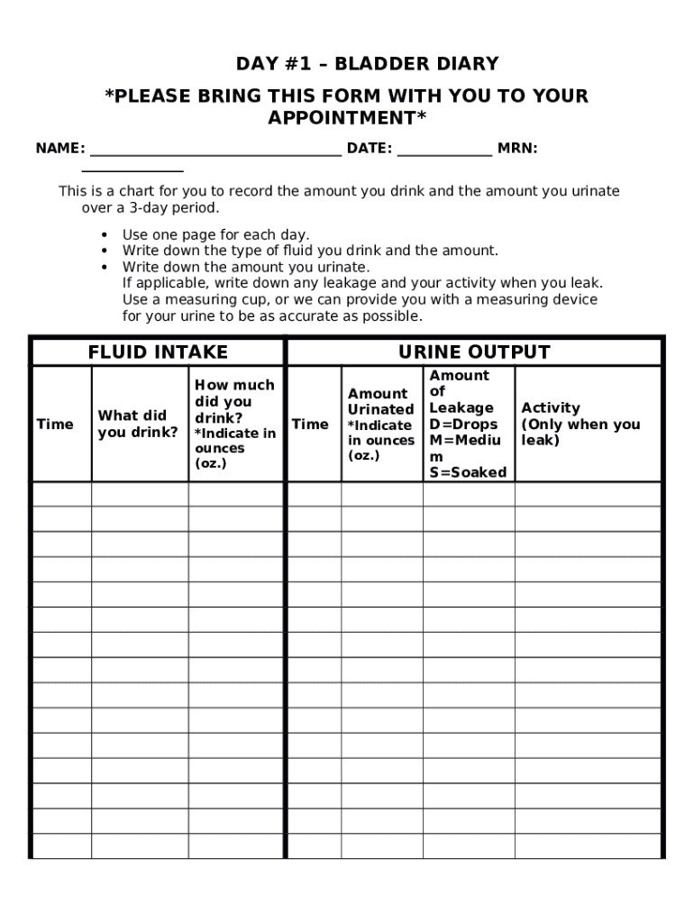 Bladder Diary Template - Fill and Sign Printable Template ... Doc ...
