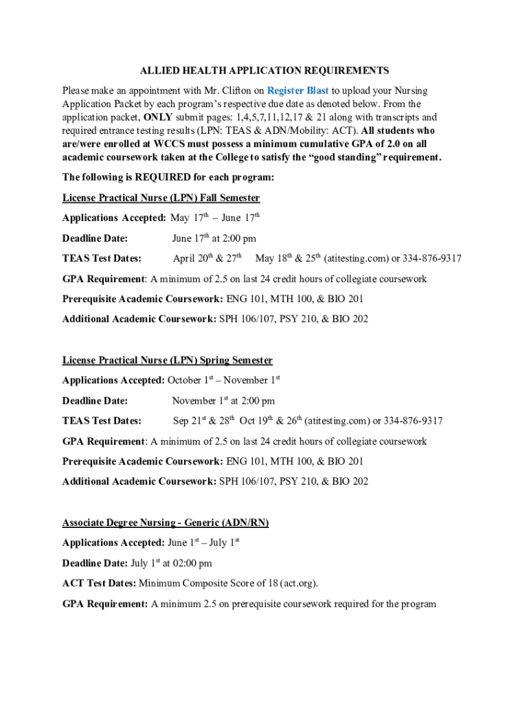 Fillable Online ALLIED HEALTH APPLICATION REQUIREMENTS Register Blast ...