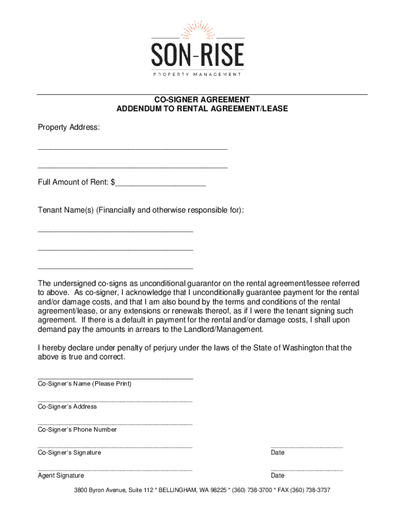 Fillable Online CO-SIGNER AGREEMENT ADDENDUM TO RENTAL AGREEMENT/LEASE ...