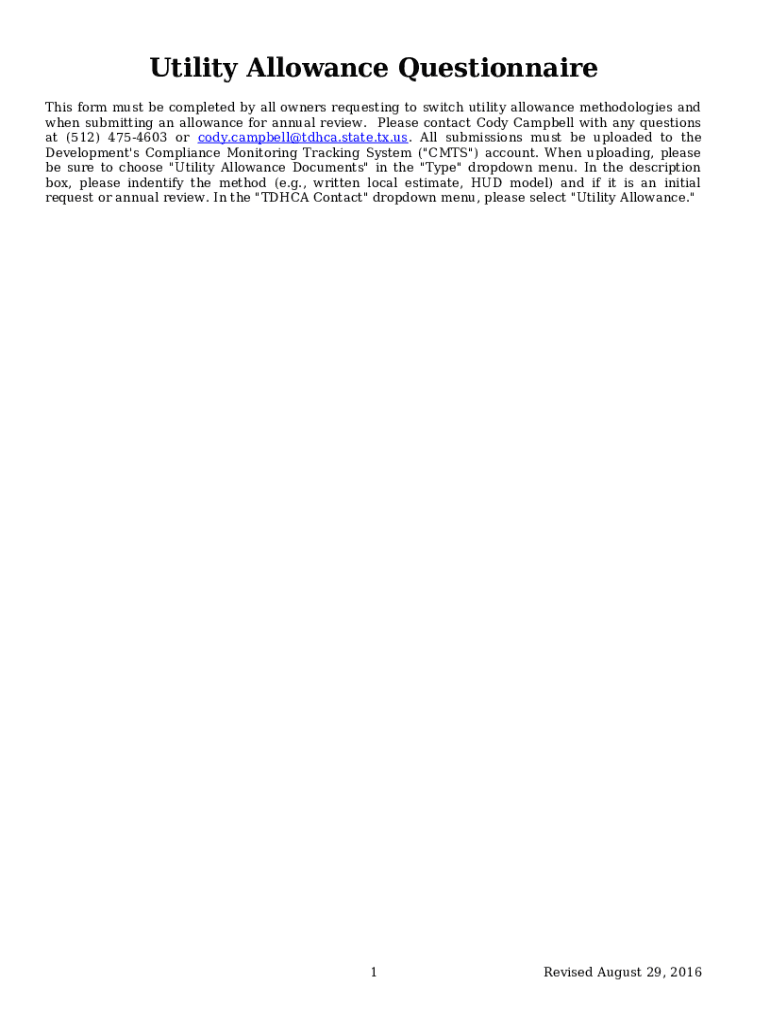 Utility Allowance Questionnaire Doc Template | pdfFiller