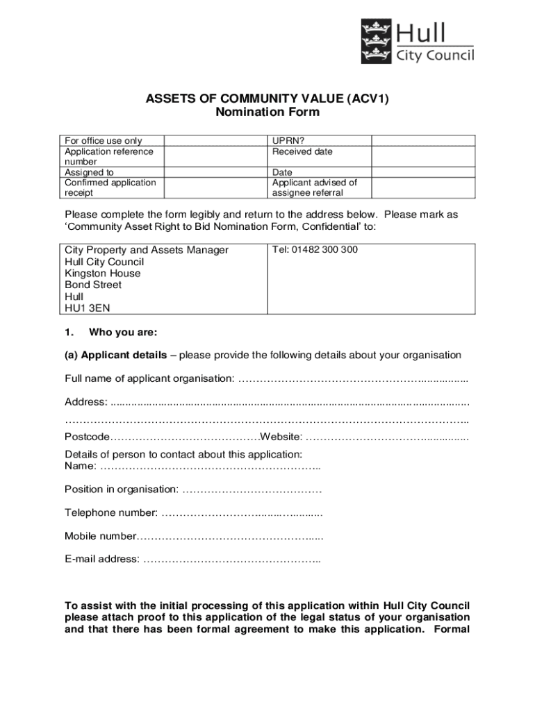 Fillable Online Assets of community value nomination form Fax Email ...