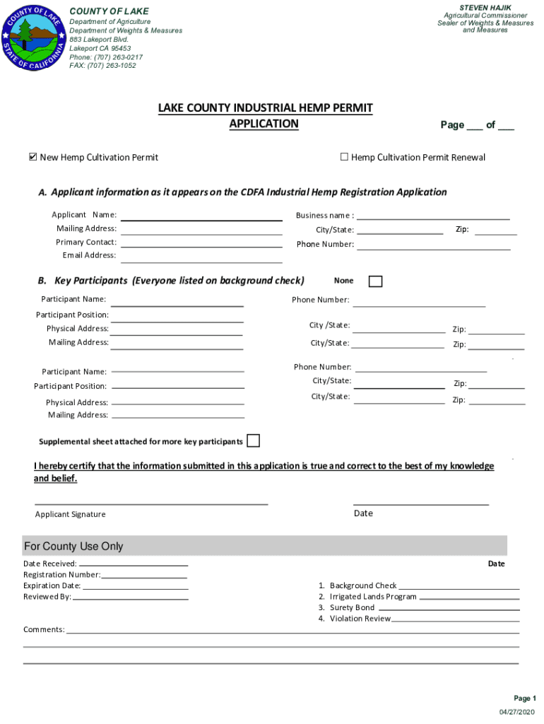 Fillable Online LAKE COUNTY INDUSTRIAL HEMP PERMIT APPLICATION Fax ...