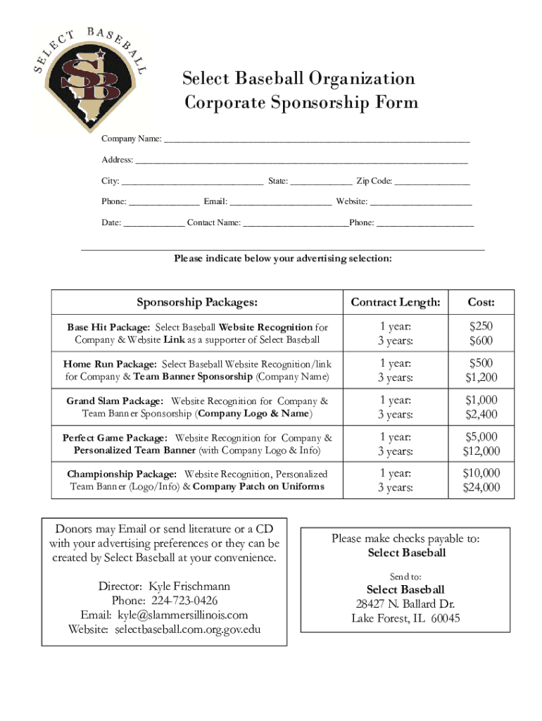 Fillable Online Select Baseball Organization Corporate Sponsorship Form ...